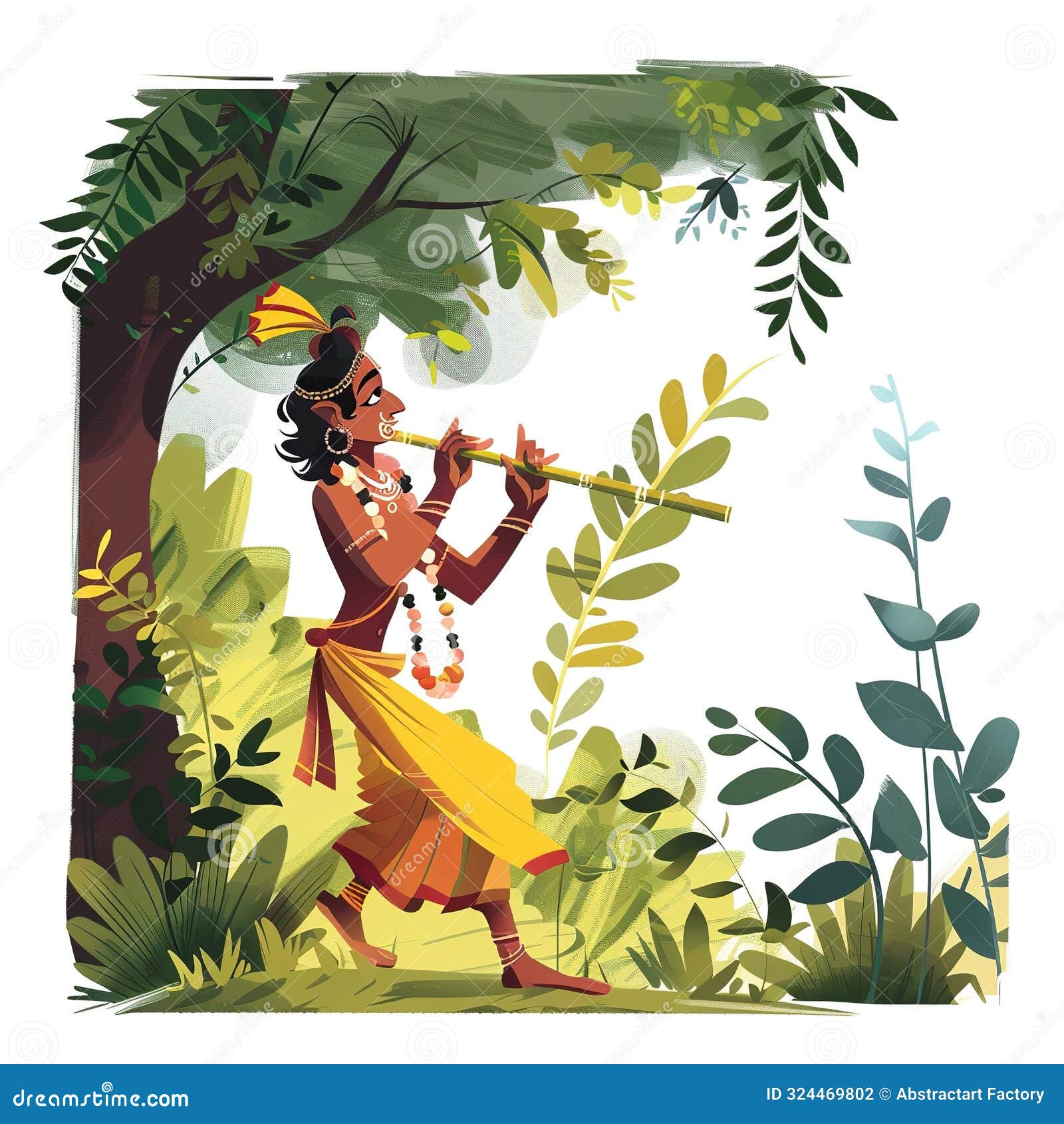 Illustration of Lord Krishna Playing Flute Under the Tree in a Forest ...