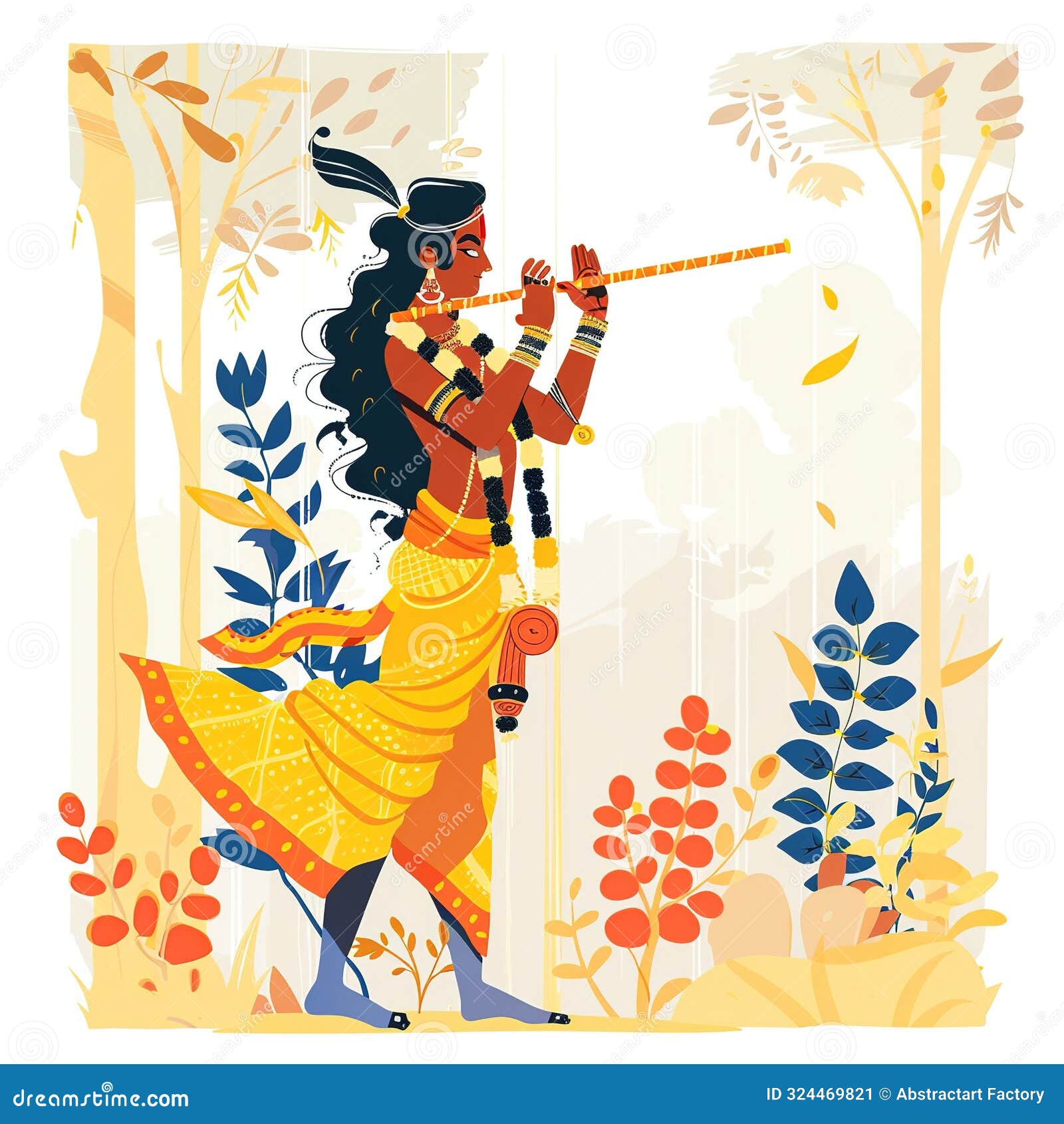 Illustration of Lord Krishna Playing Flute Under the Tree in a Forest ...