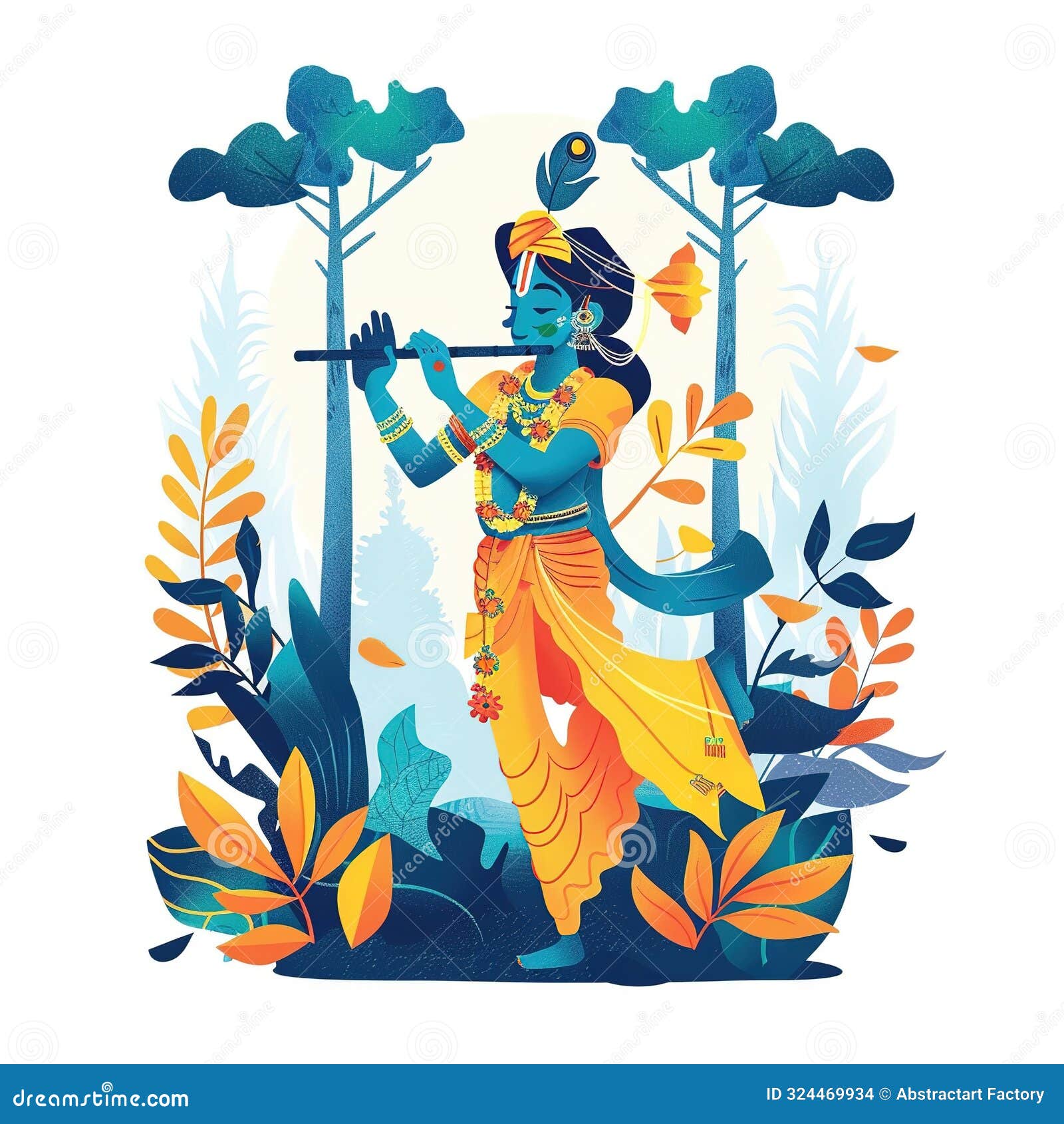 Illustration of Lord Krishna Playing Flute Under the Tree in a Forest ...