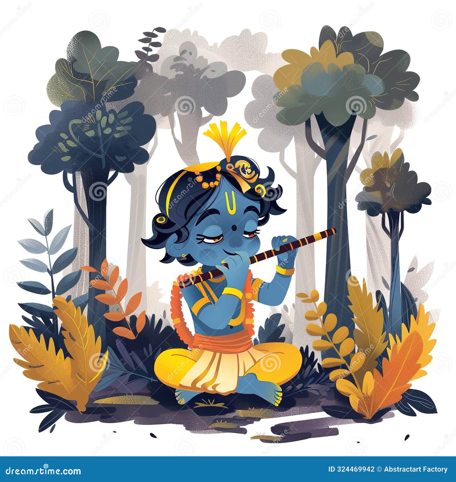 Illustration of Lord Krishna Playing Flute Under the Tree in a Forest ...