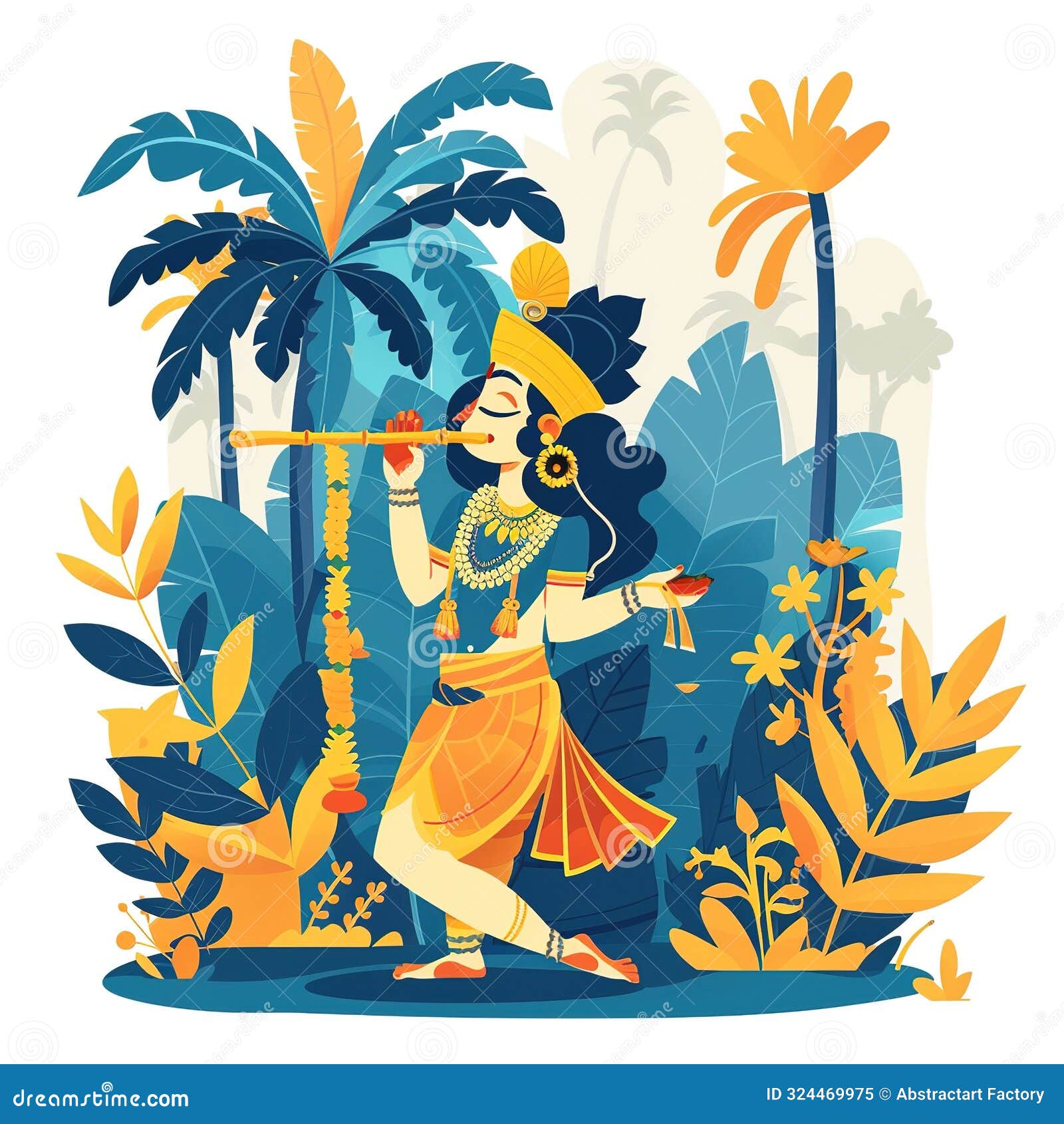 Illustration of Lord Krishna Playing Flute Under the Tree in a Forest ...