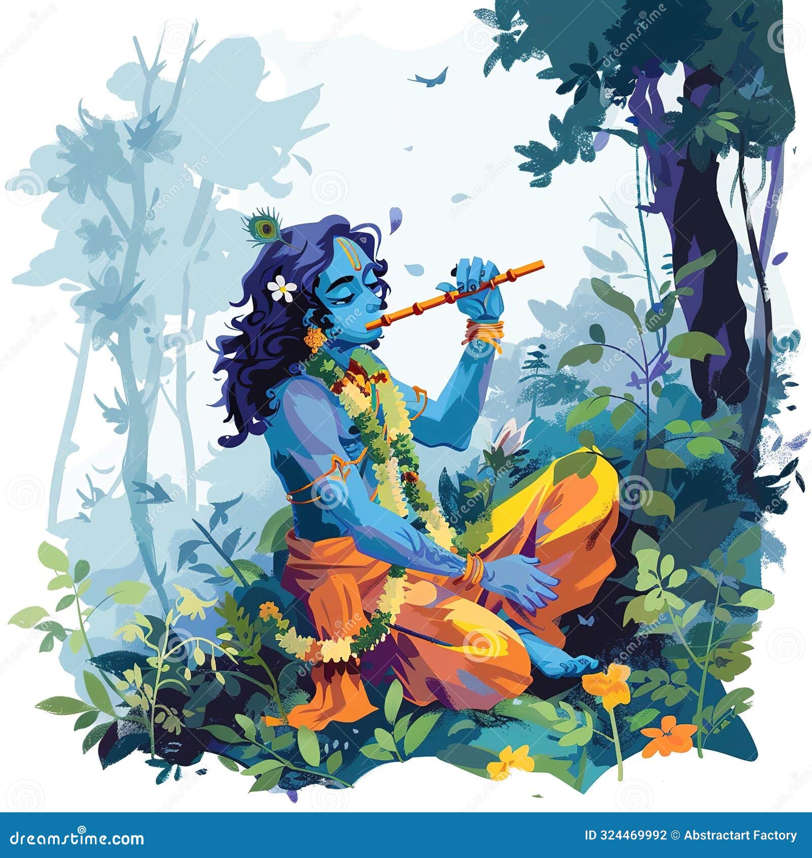 Illustration of Lord Krishna Playing Flute Under the Tree in a Forest ...