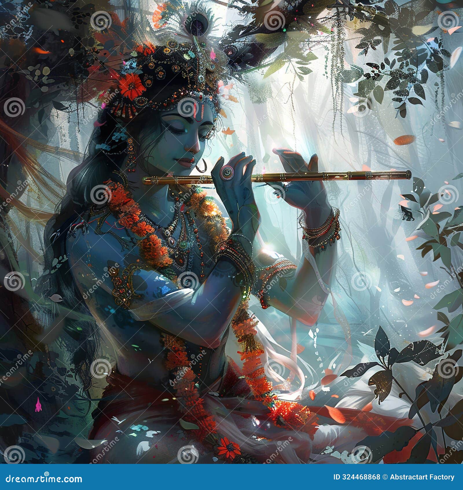 Illustration of Lord Krishna Playing Flute Under the Tree in a Forest ...