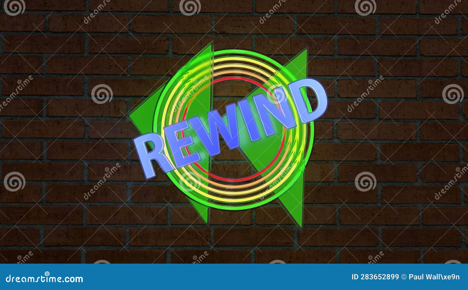 Illustration of Neon Sign with Text "REWIND" on a Brick Wall Facade. 3d ...