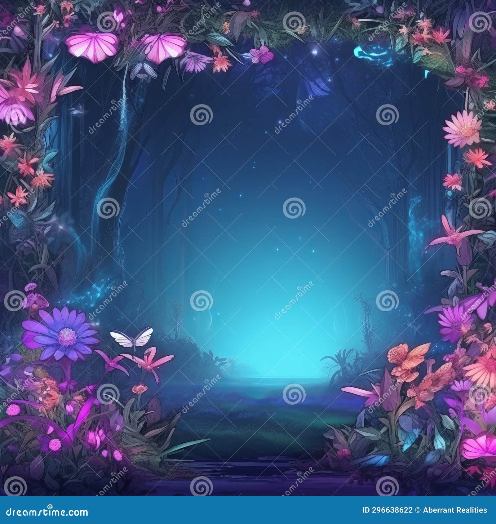 Illustration of a Magical Forest with Flowers and Butterflies Stock ...