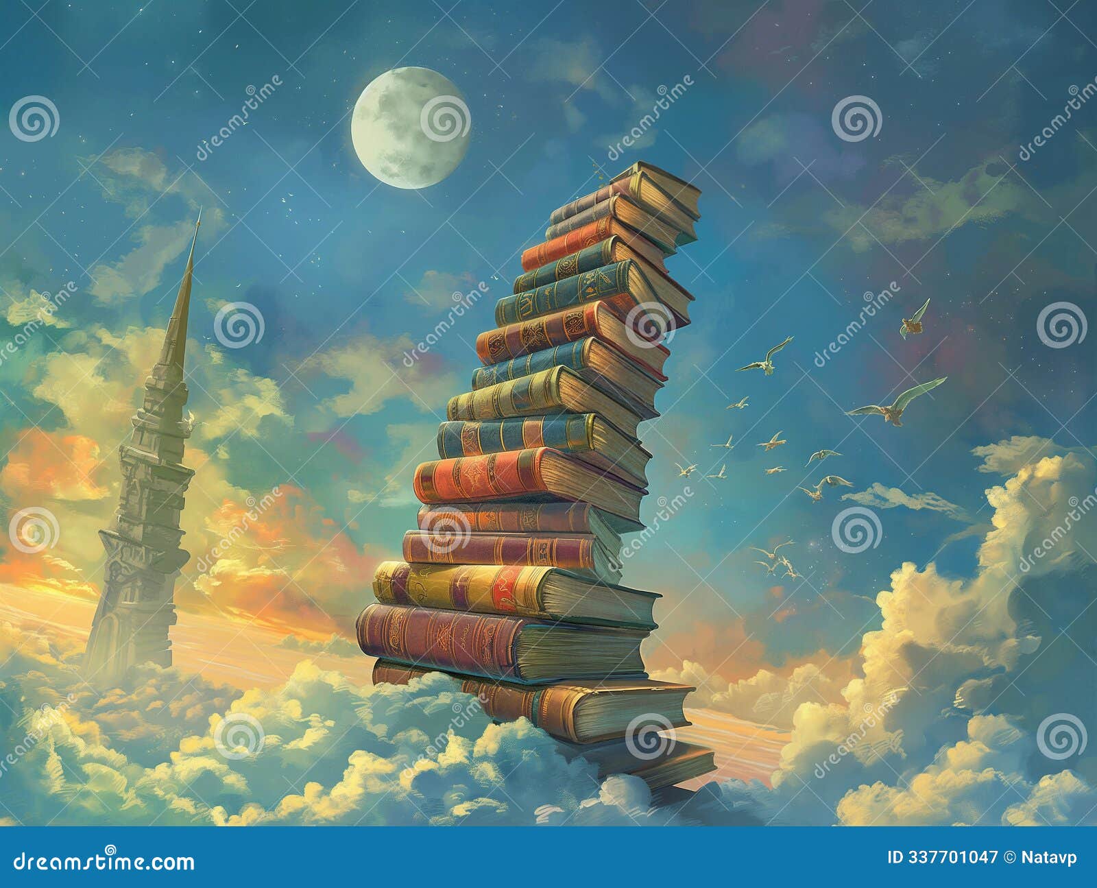 Illustration of Magical Landscape with Stack of Books Stock ...
