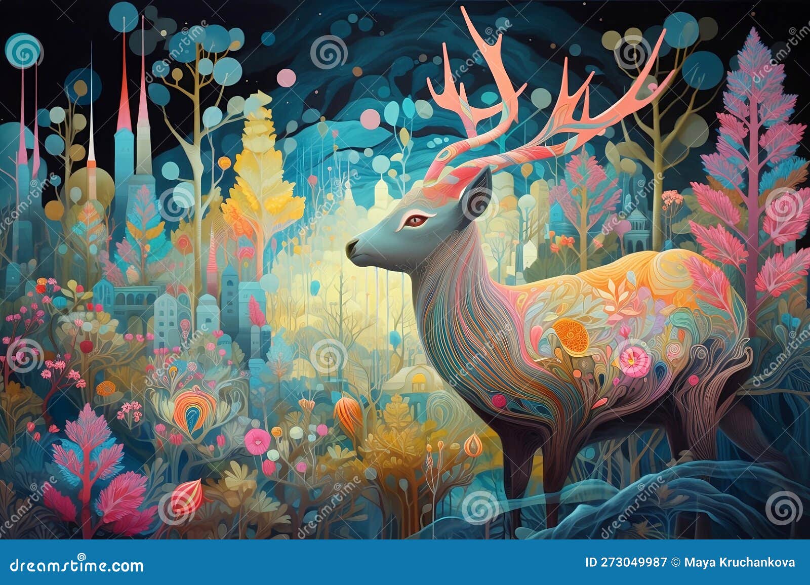 Illustration of Magical Painted Forest with Mystical Deer Stock ...
