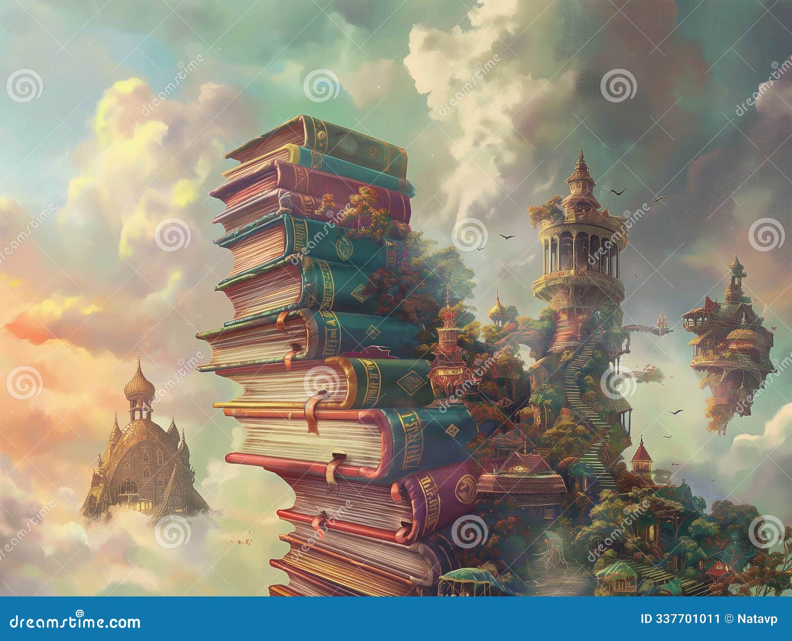 Illustration of Magical Tale Landscape with Stack of Books Stock ...