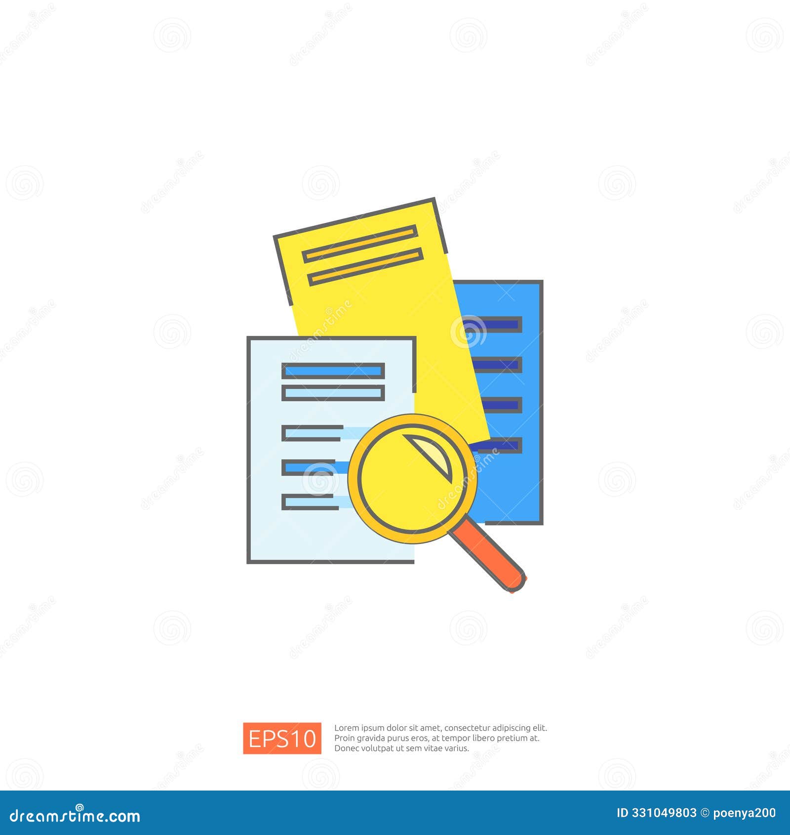 Illustration of a Magnifying Glass Over a Stack of Documents ...