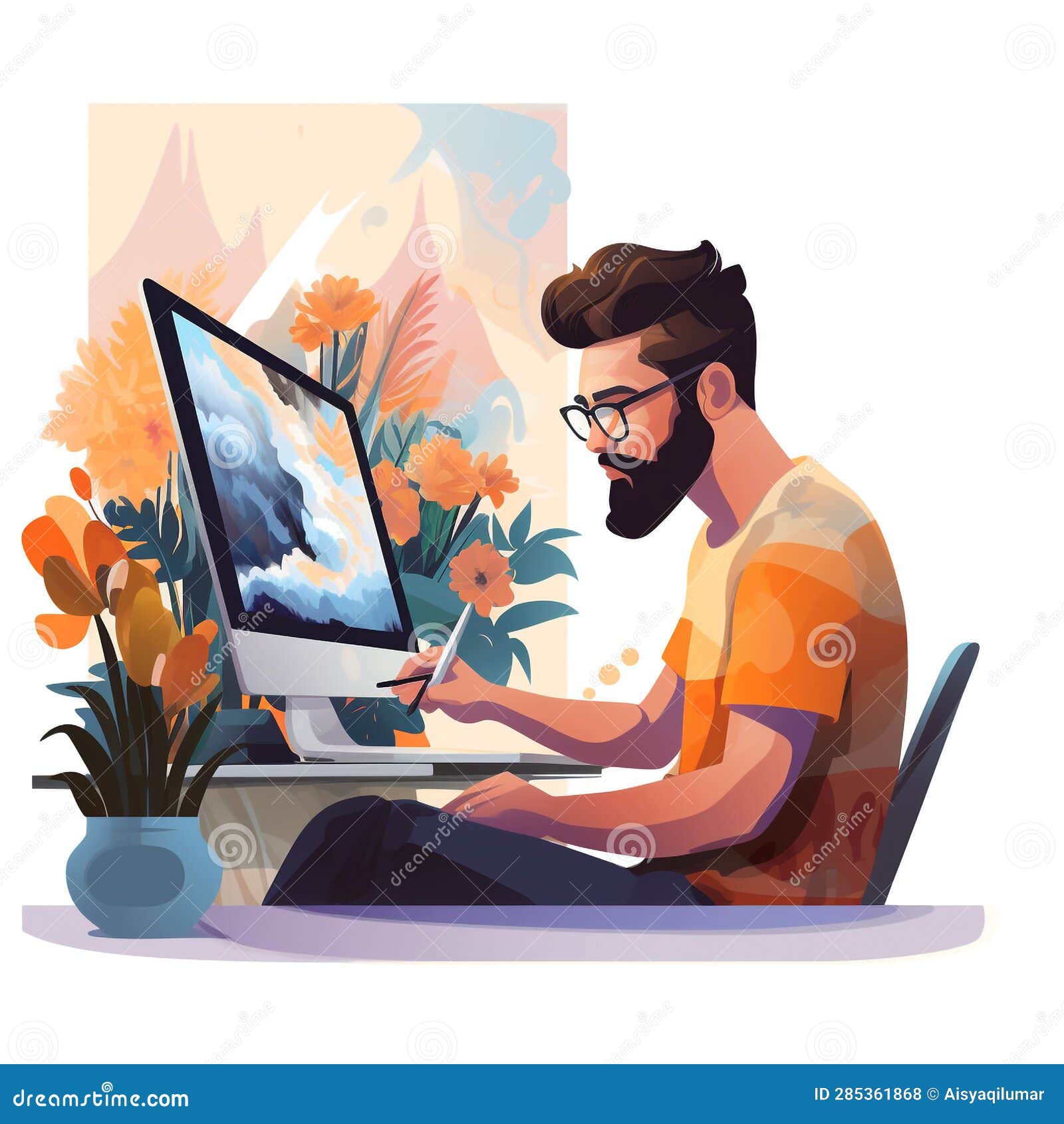Illustration of a Male Graphic Designer Working on a Computer. Stock ...