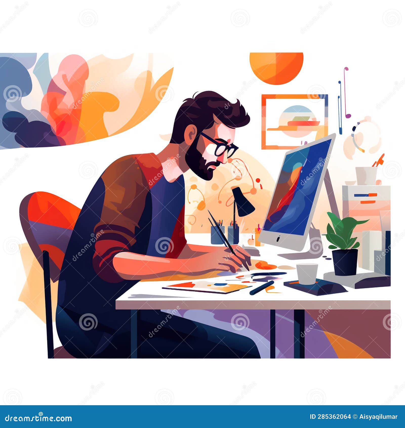 Illustration of a Male Graphic Designer Working on a Computer. Stock ...