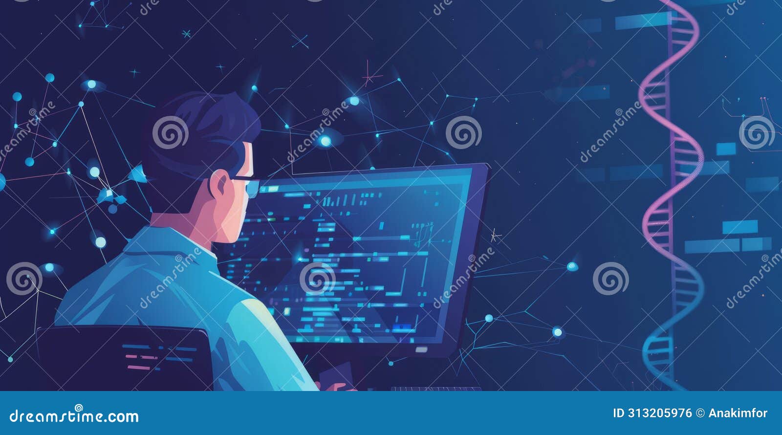 Illustration of a Man Analyzing Data. Stock Photo - Image of coding ...