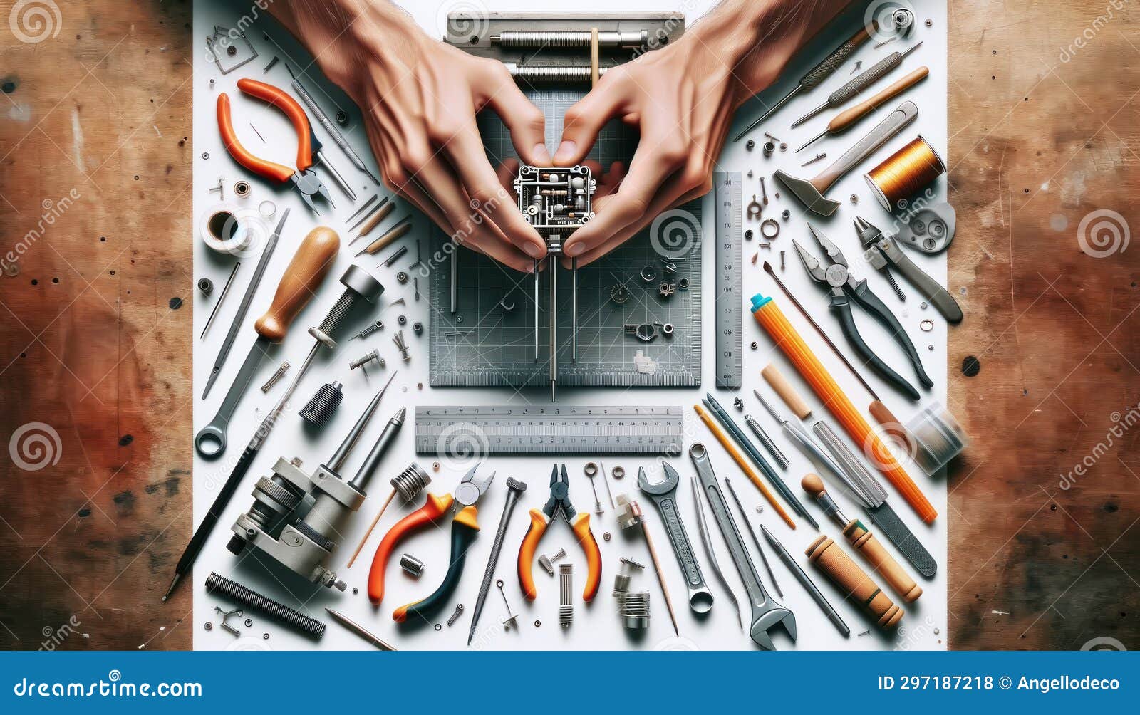 Hands Working on a Complex Device Amidst an Array of Tools. Generative ...