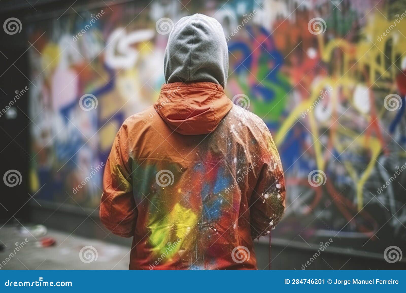 Illustration, Man from Behind with a Hood Doing Graffiti, Ai Generative ...