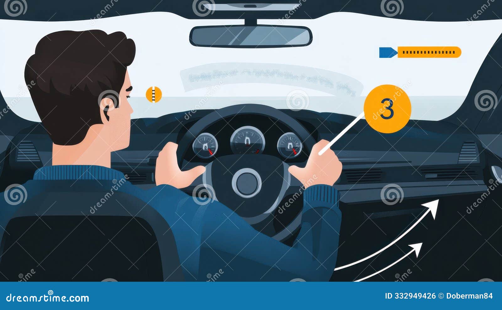 Illustration of a Man Driving a Car with Focus on Dashboard Data and ...