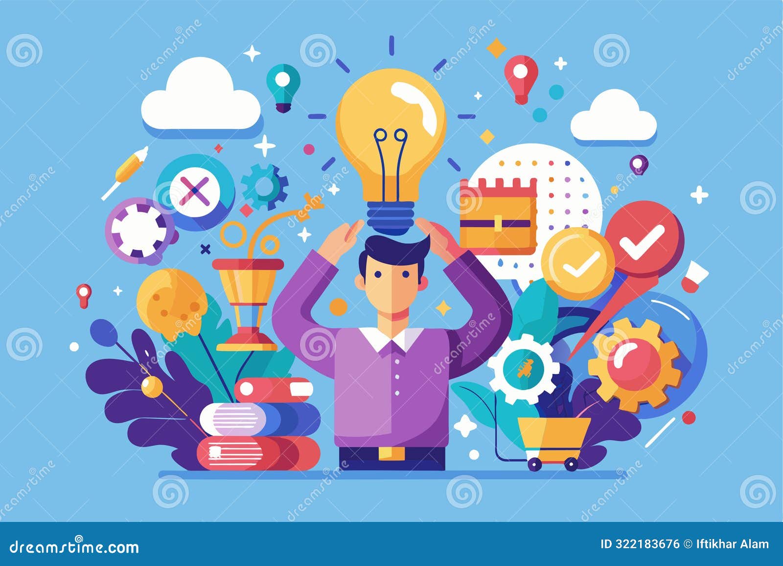 Illustration of a Man Holding a Light Bulb Above His Head, Surrounded ...