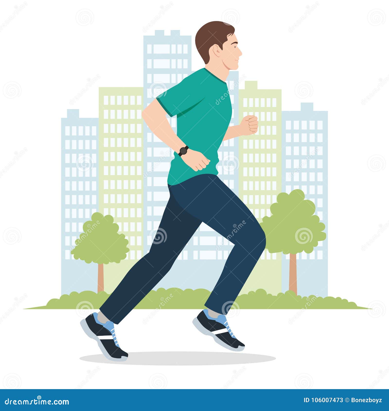 Illustration of a Man Running with City Skyline Background Stock Vector ...