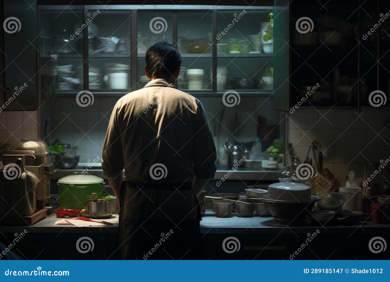 Man S Back in a Kitchen Working Stock Illustration - Illustration of ...