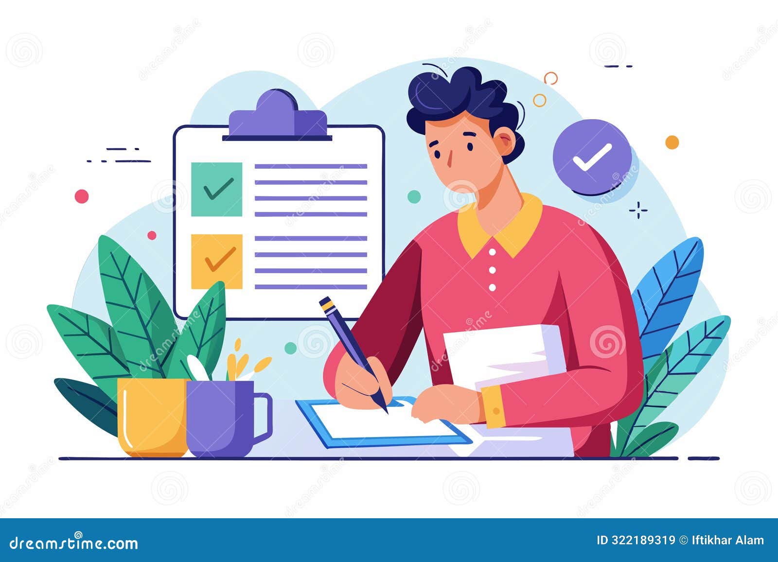 Illustration of a Man Signing a Contract while Checking Off Items on a ...