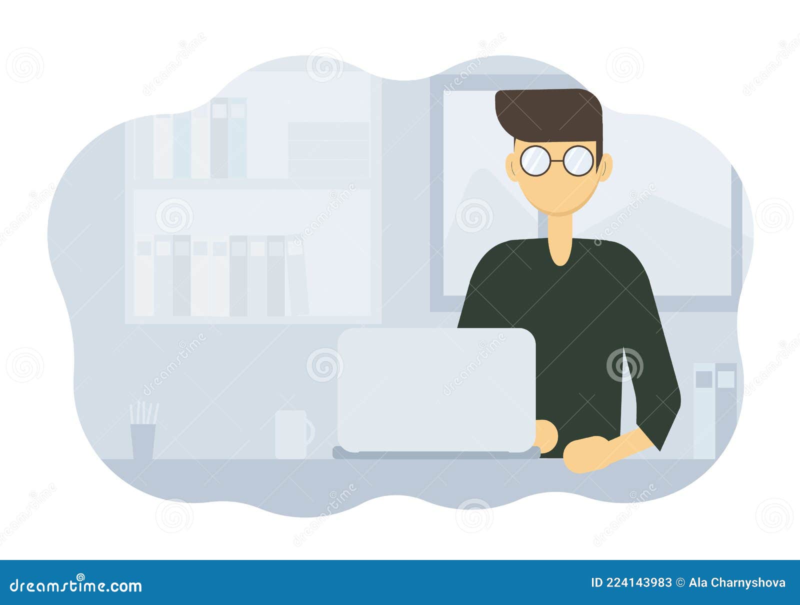 Illustration of a Man Sitting at His Desk with a Computer Stock Vector ...