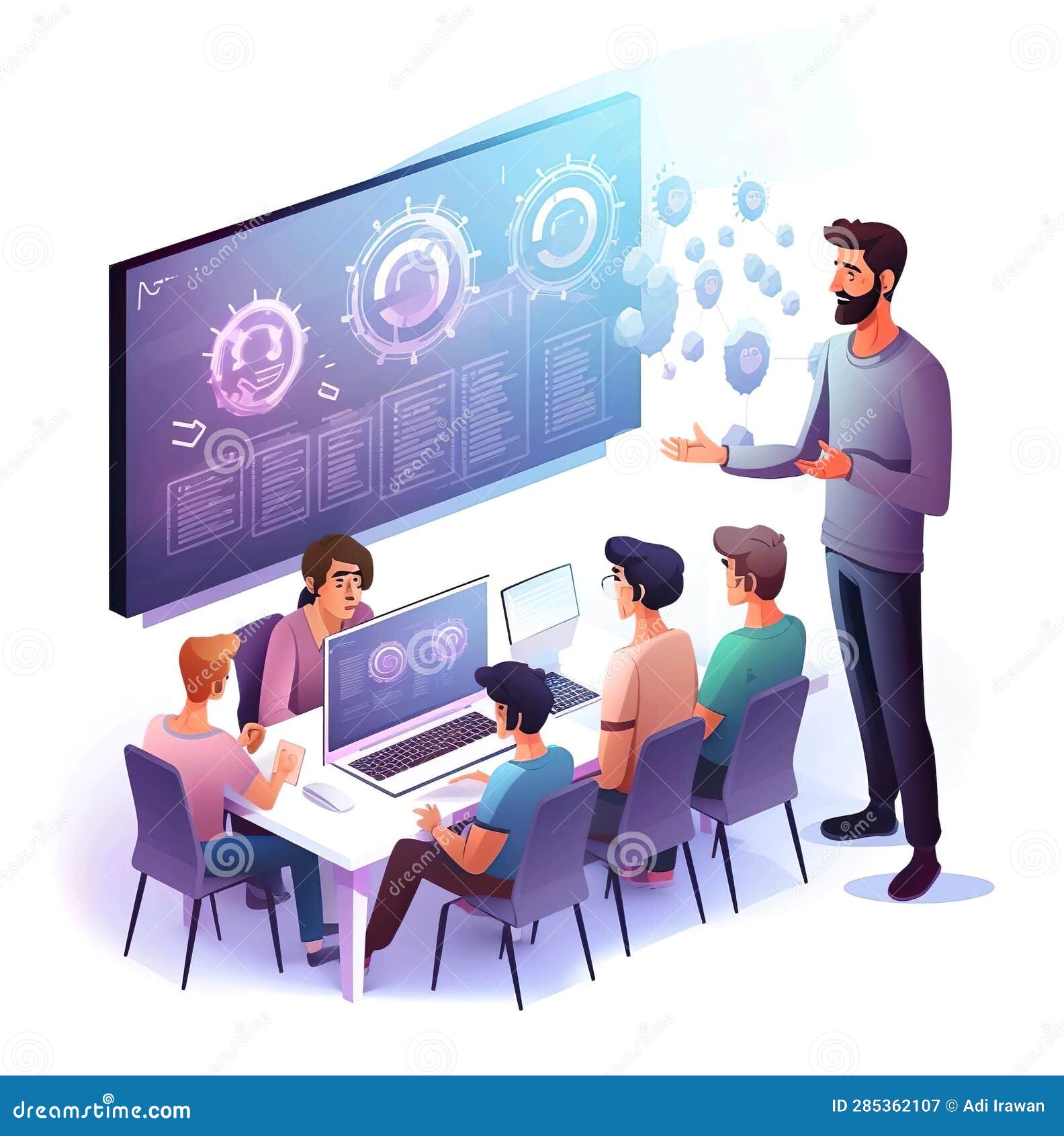 An Illustration of Man Standing for Presention in Front of a Computer ...