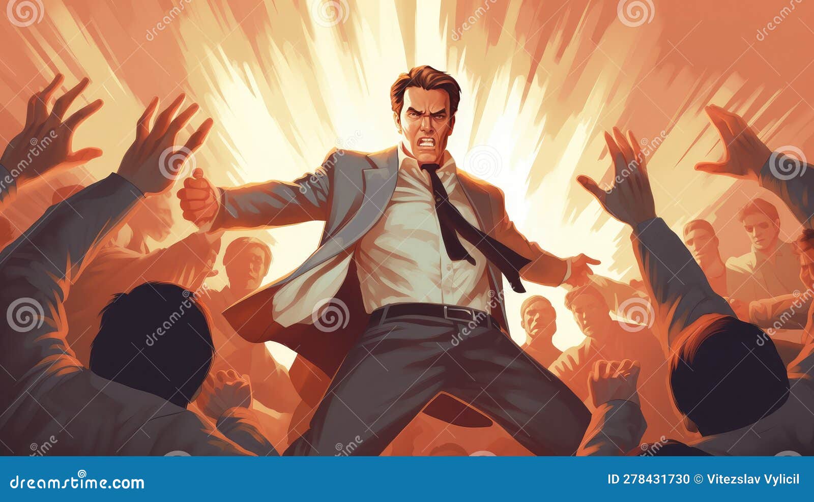 Illustration of a Man in a Suit Defending Himself Against the Angry Mob ...