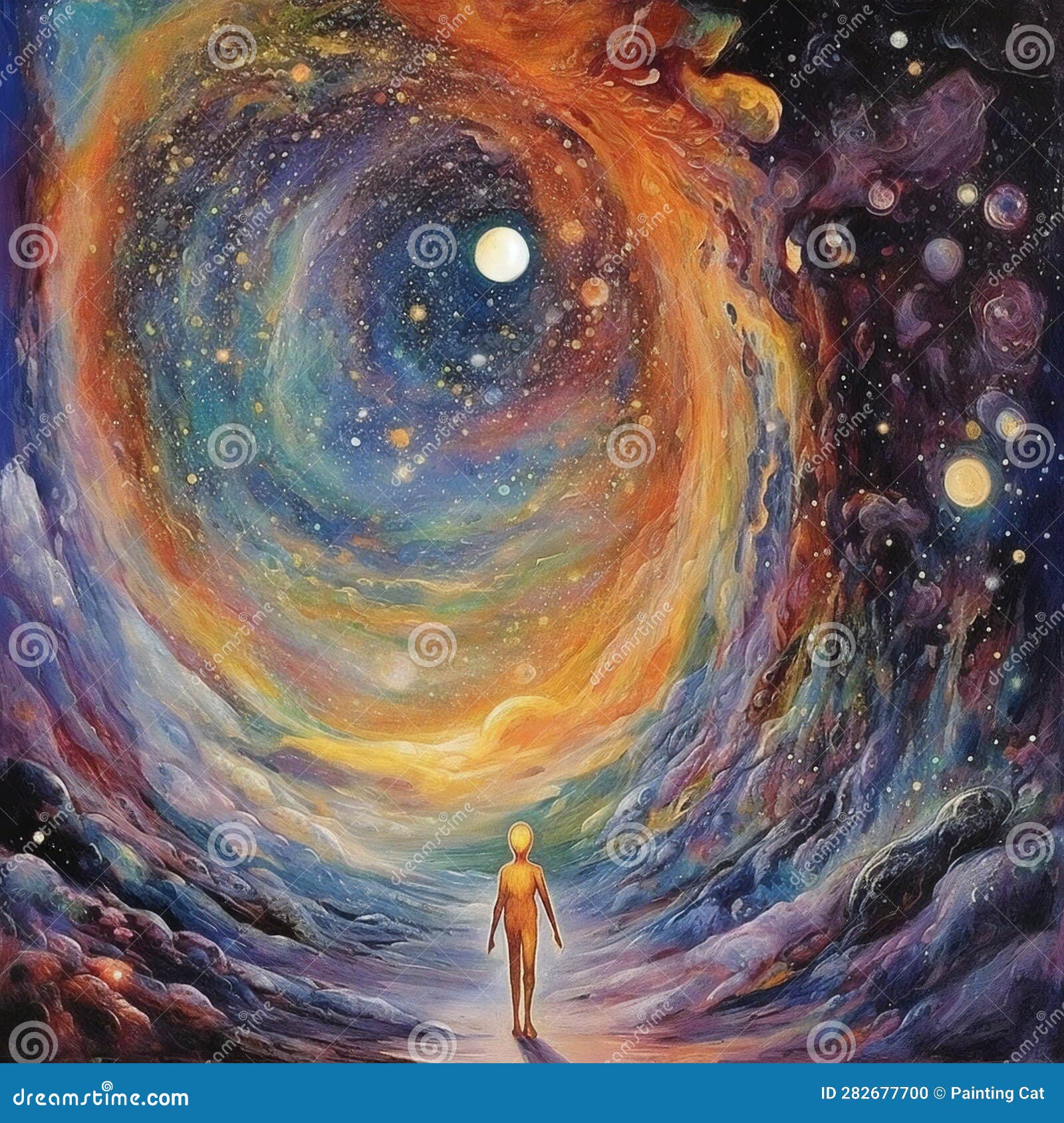 Man Walking on a Path in the Space with Stars and Nebula Stock ...