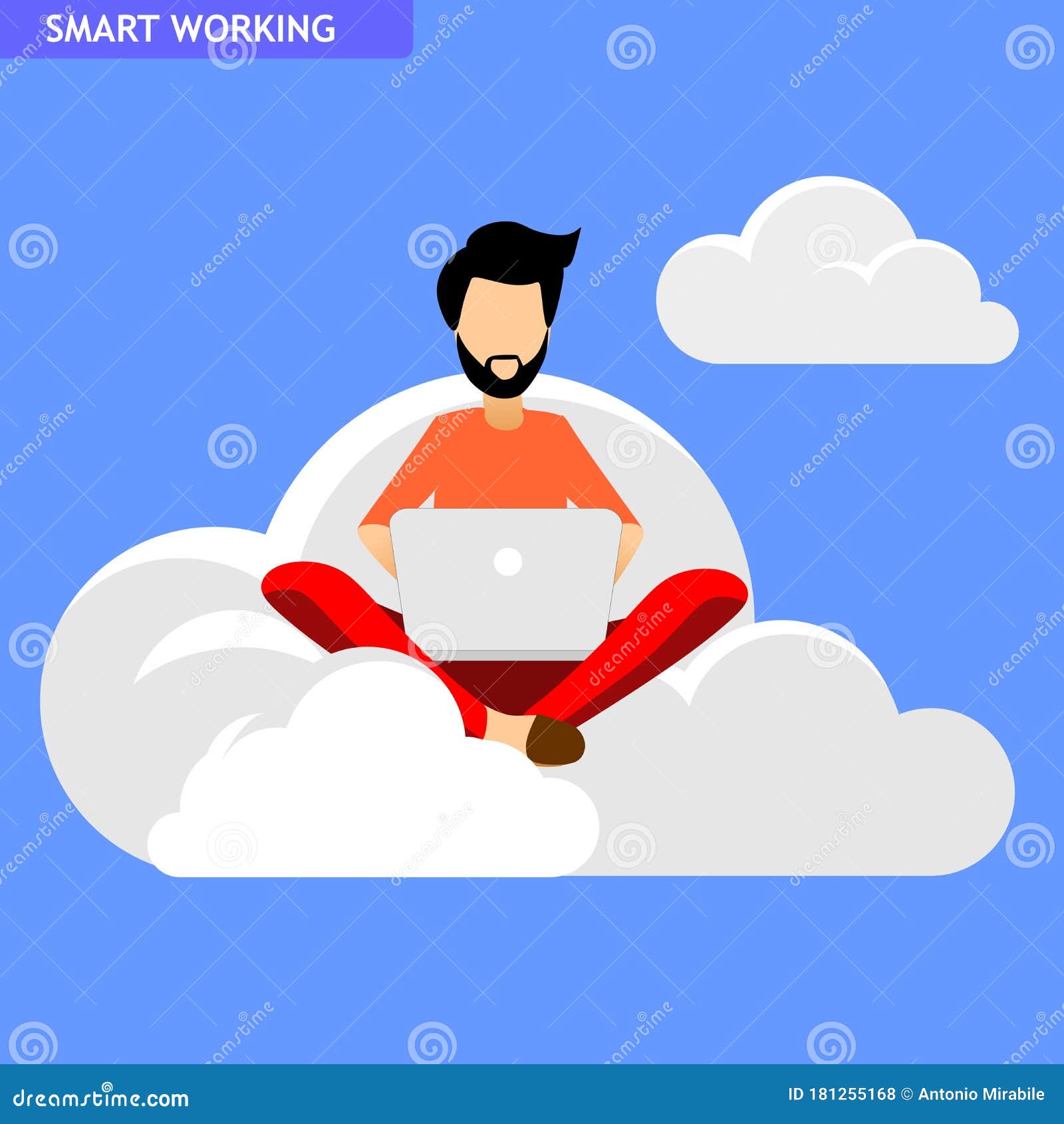 Smart Working. Man that Work with Laptop on Cloud. Stock Vector ...