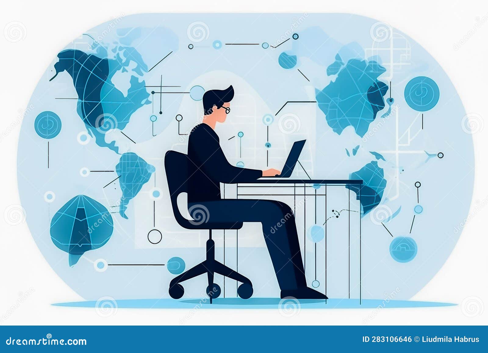 Illustration of a Man Working at a Computer on a Blue Background. Flat ...