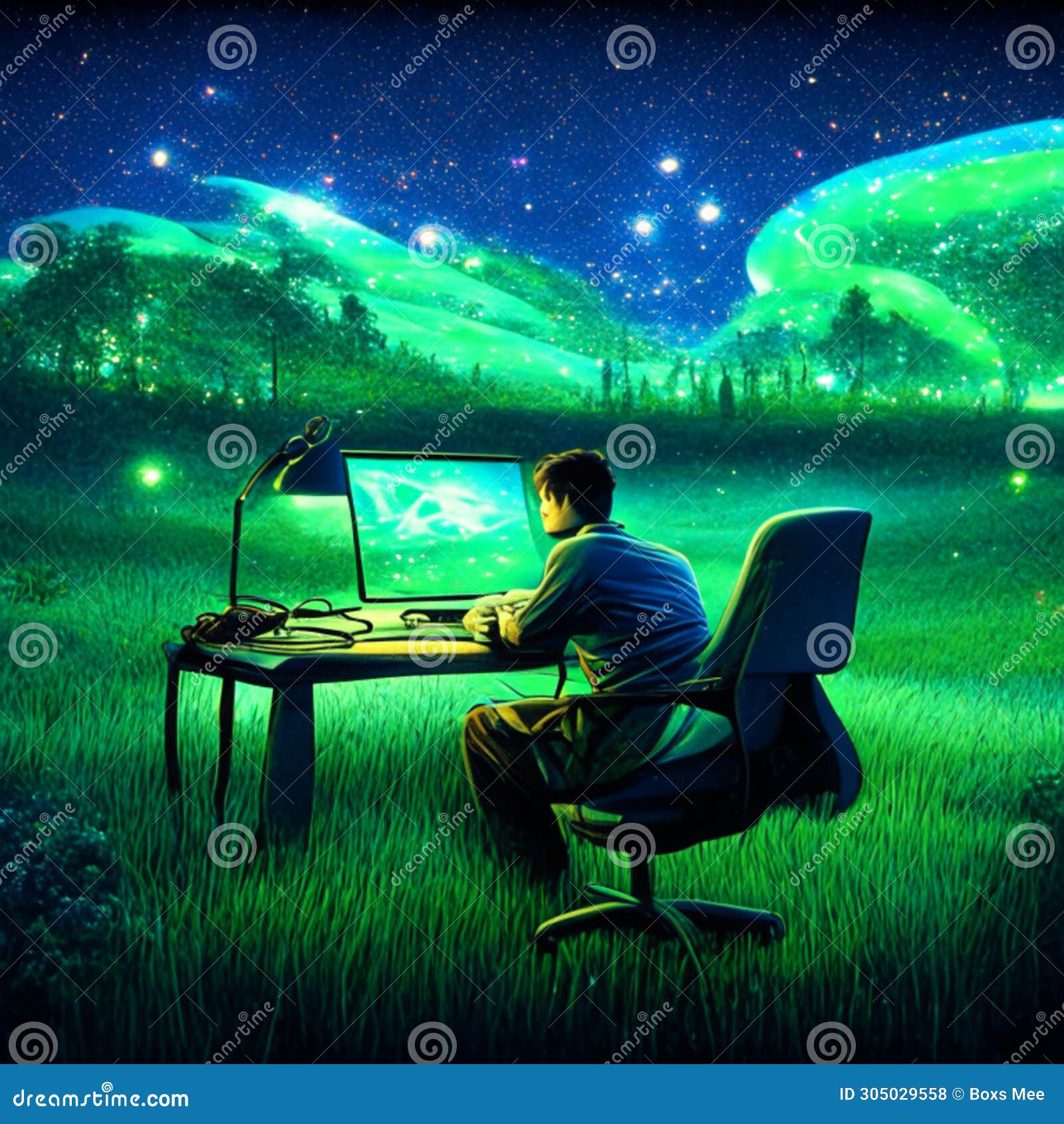 Illustration of a Man Working on a Computer in the Field at Night ...