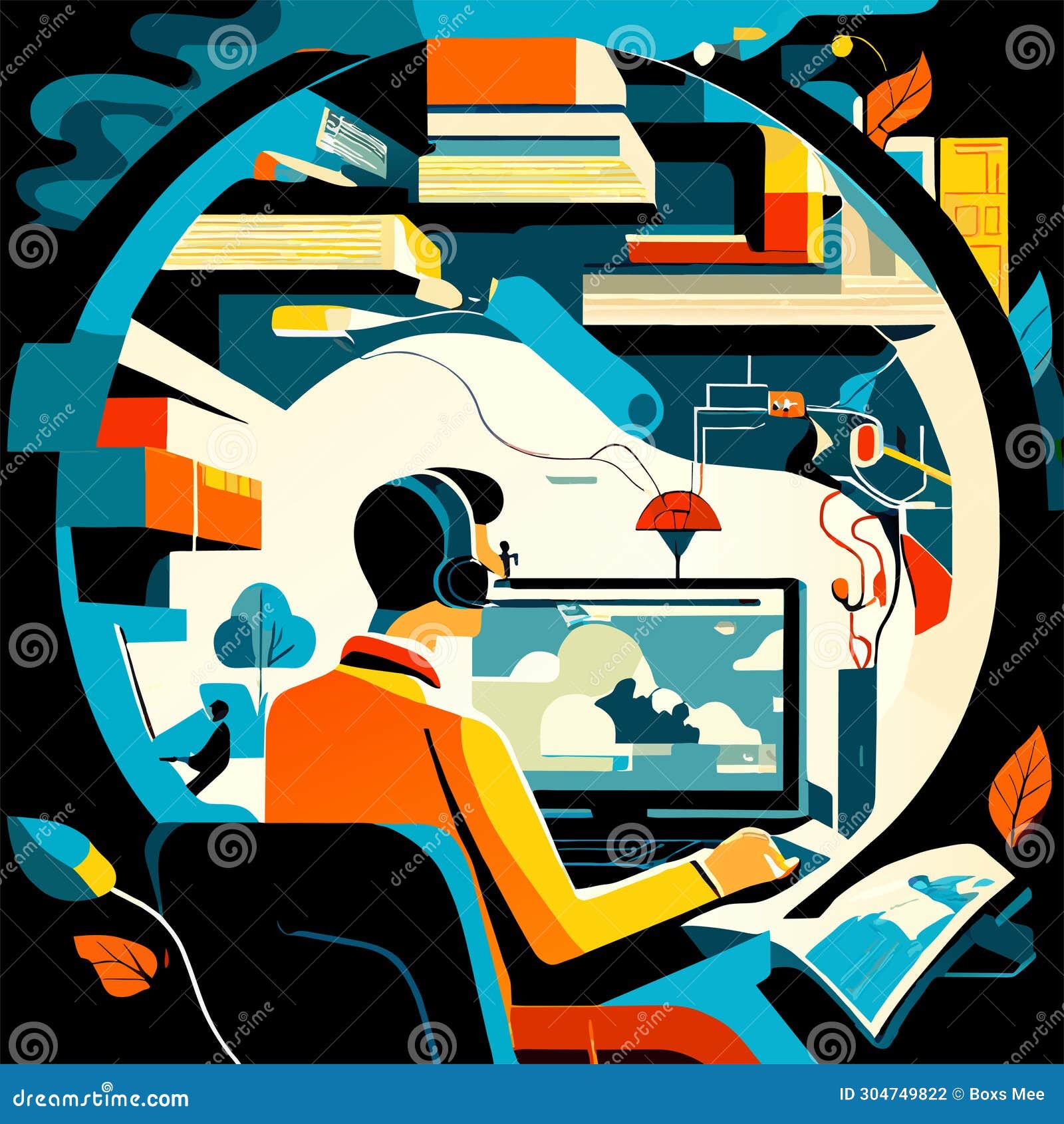 Illustration of a Man Working on a Computer in a Home Office Generative ...