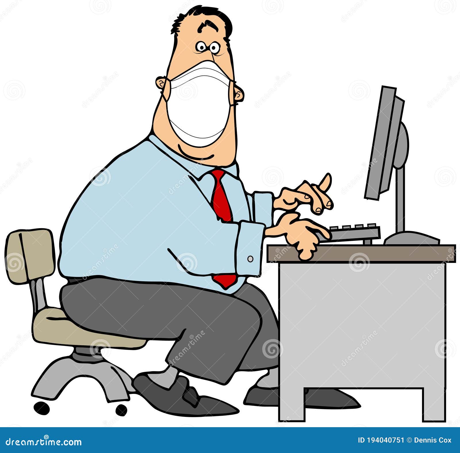Male Office Worker Sitting at a Computer and Wearing a Face Mask Stock ...