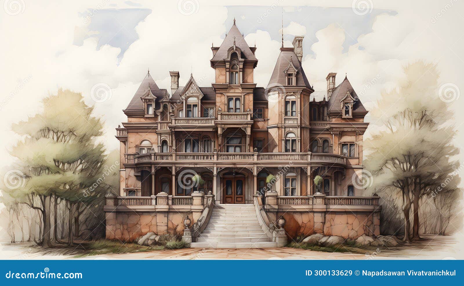 Illustration of a Mansion in Front View. Stock Illustration ...