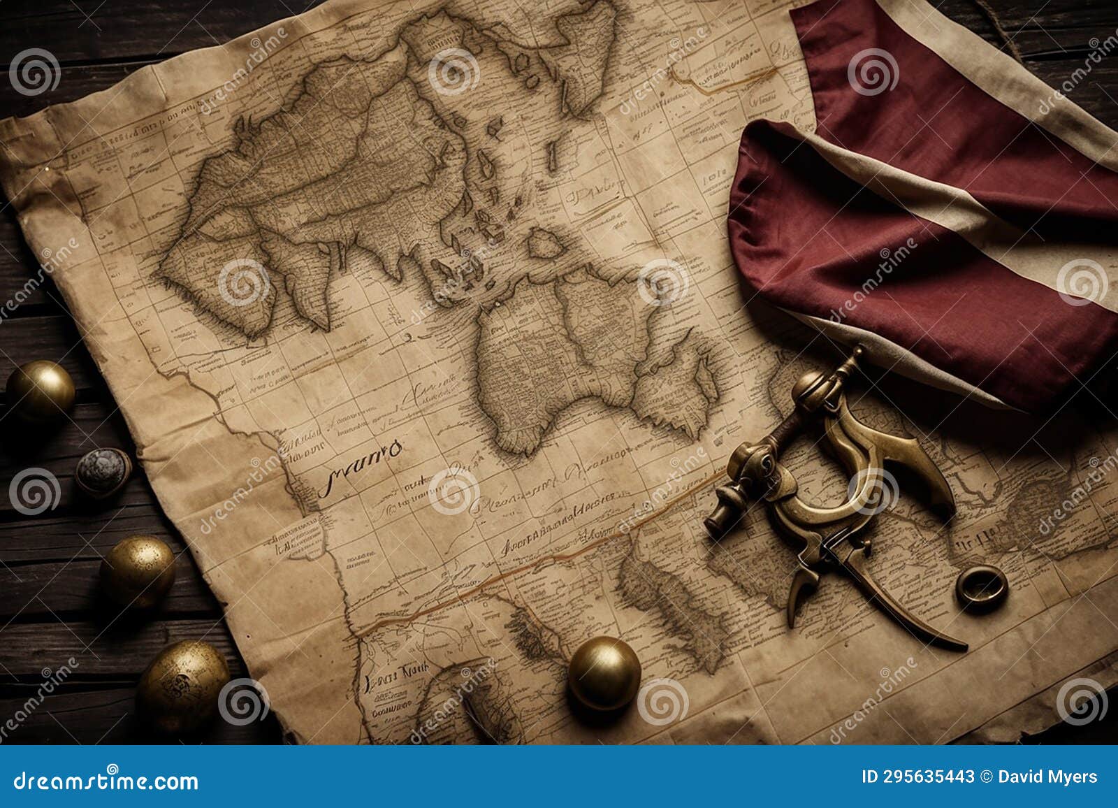 Illustration, Map, Pirate, Ancient, Parchment, Laid Out on Table Stock ...