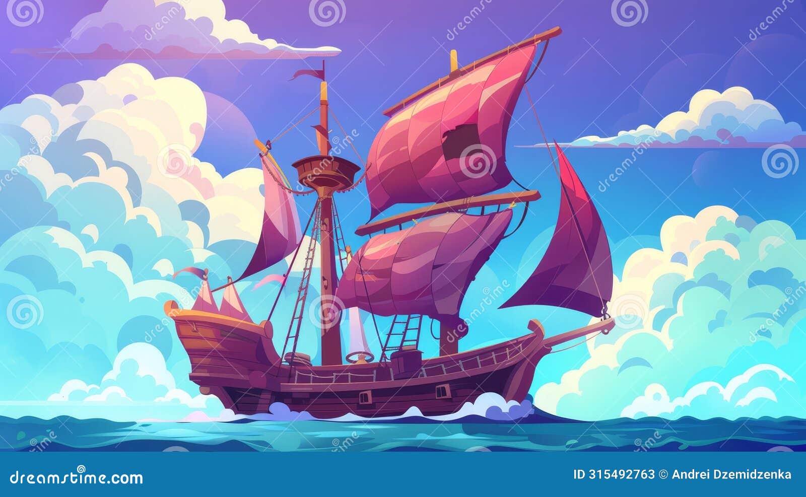 Illustration in Marine Style - Funny Sailing Ship. Element Design for ...