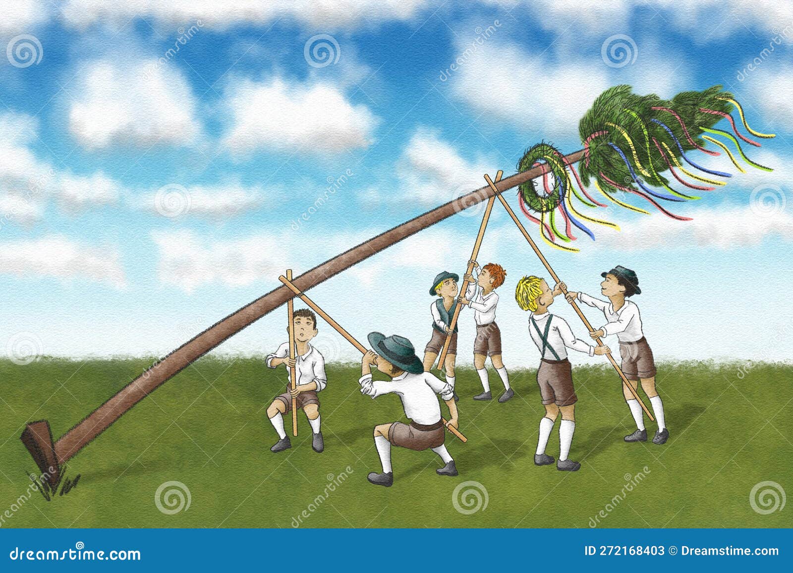 Illustration of a Maypole Being Set Up by Strong Men Stock Illustration ...
