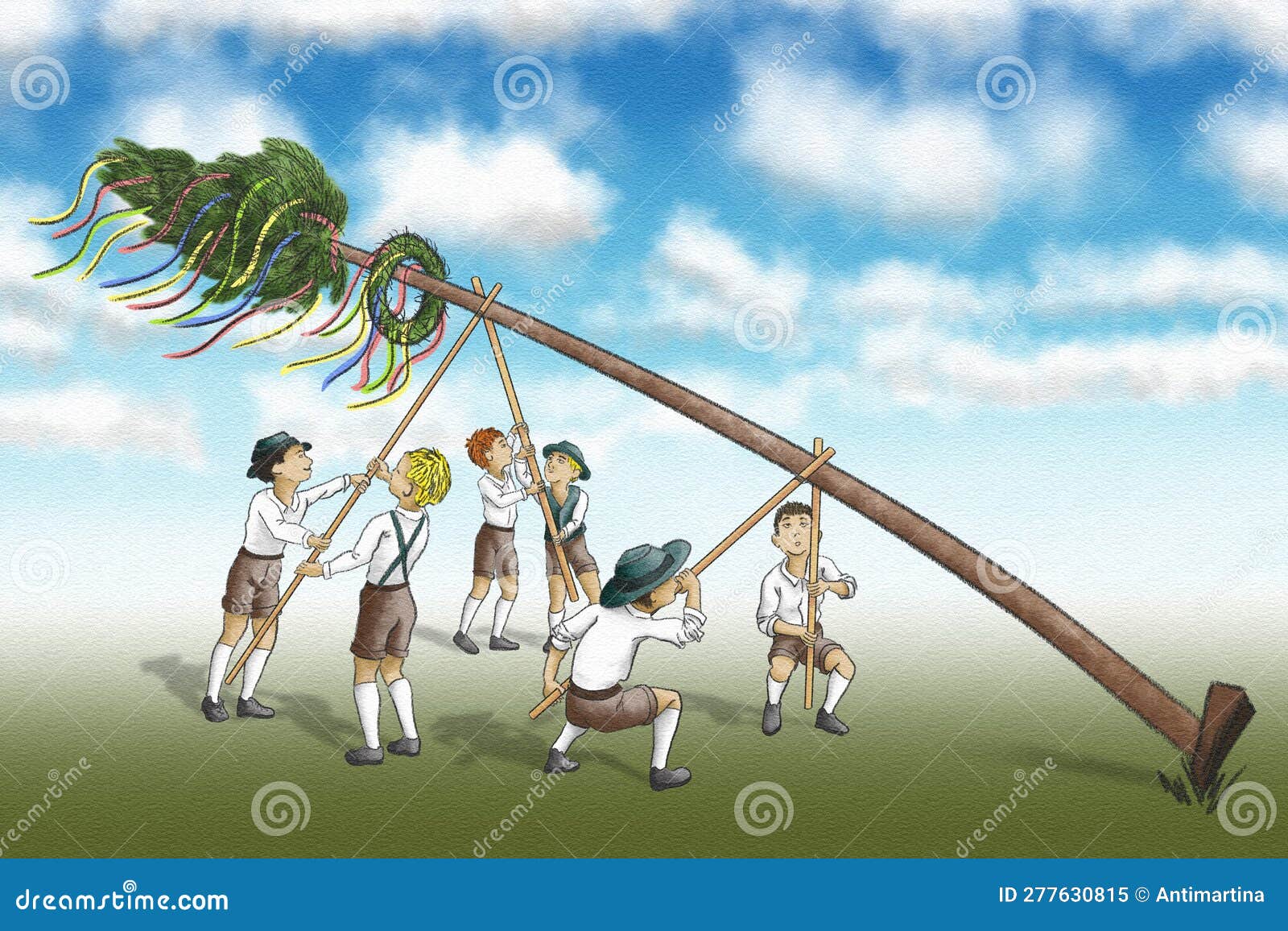 Illustration of a Maypole Being Set Up by Strong Men Stock Illustration ...