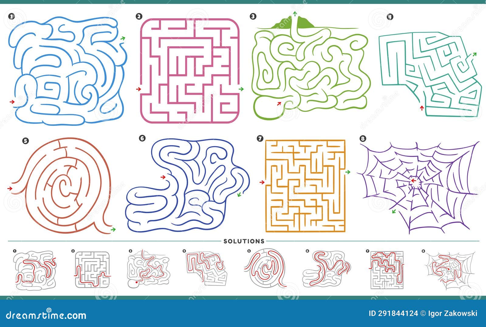 Maze Puzzle Activities Graphs Set with Solutions Stock Illustration ...