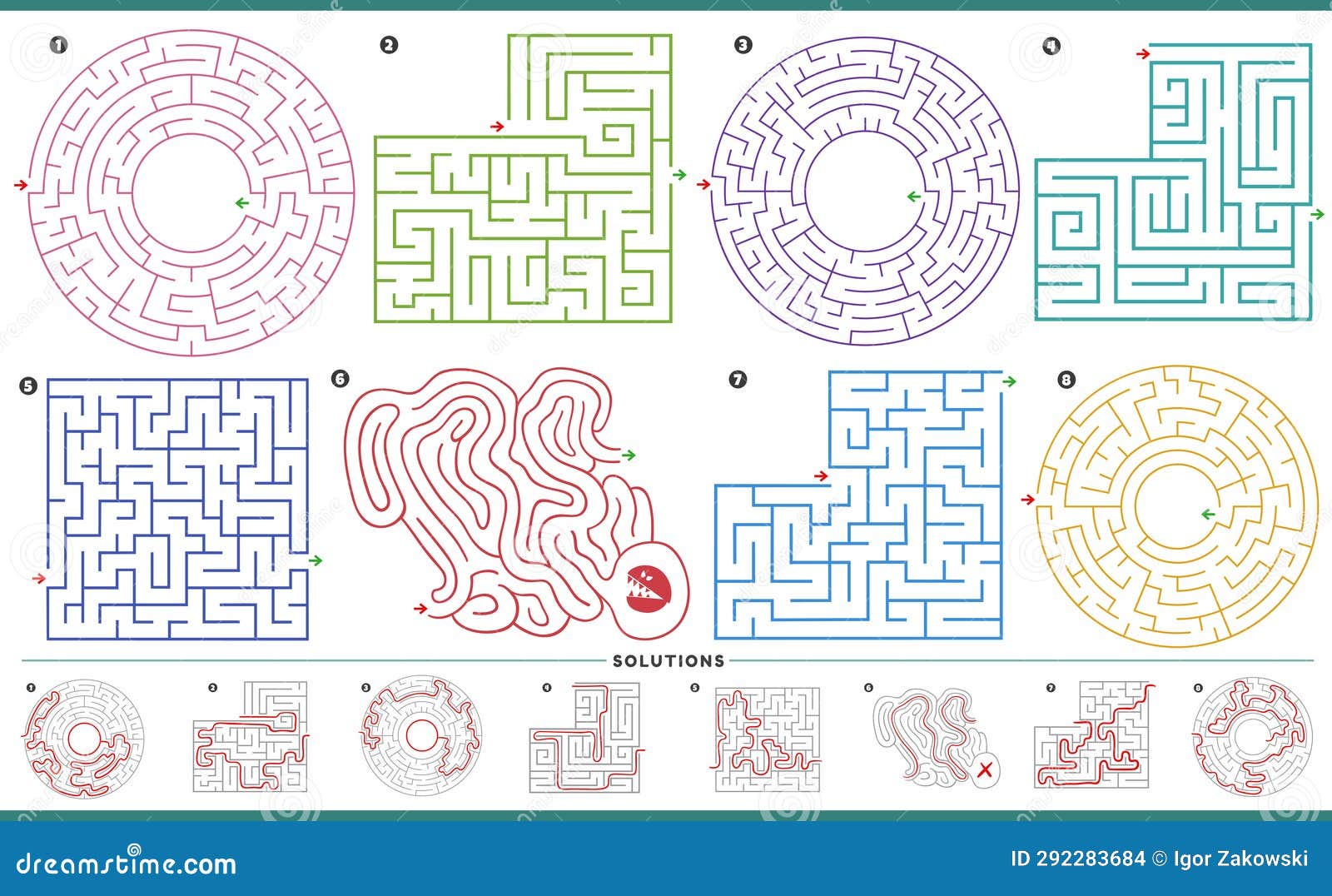 Maze Puzzle Activities Graphs Set with Solutions Stock Vector ...