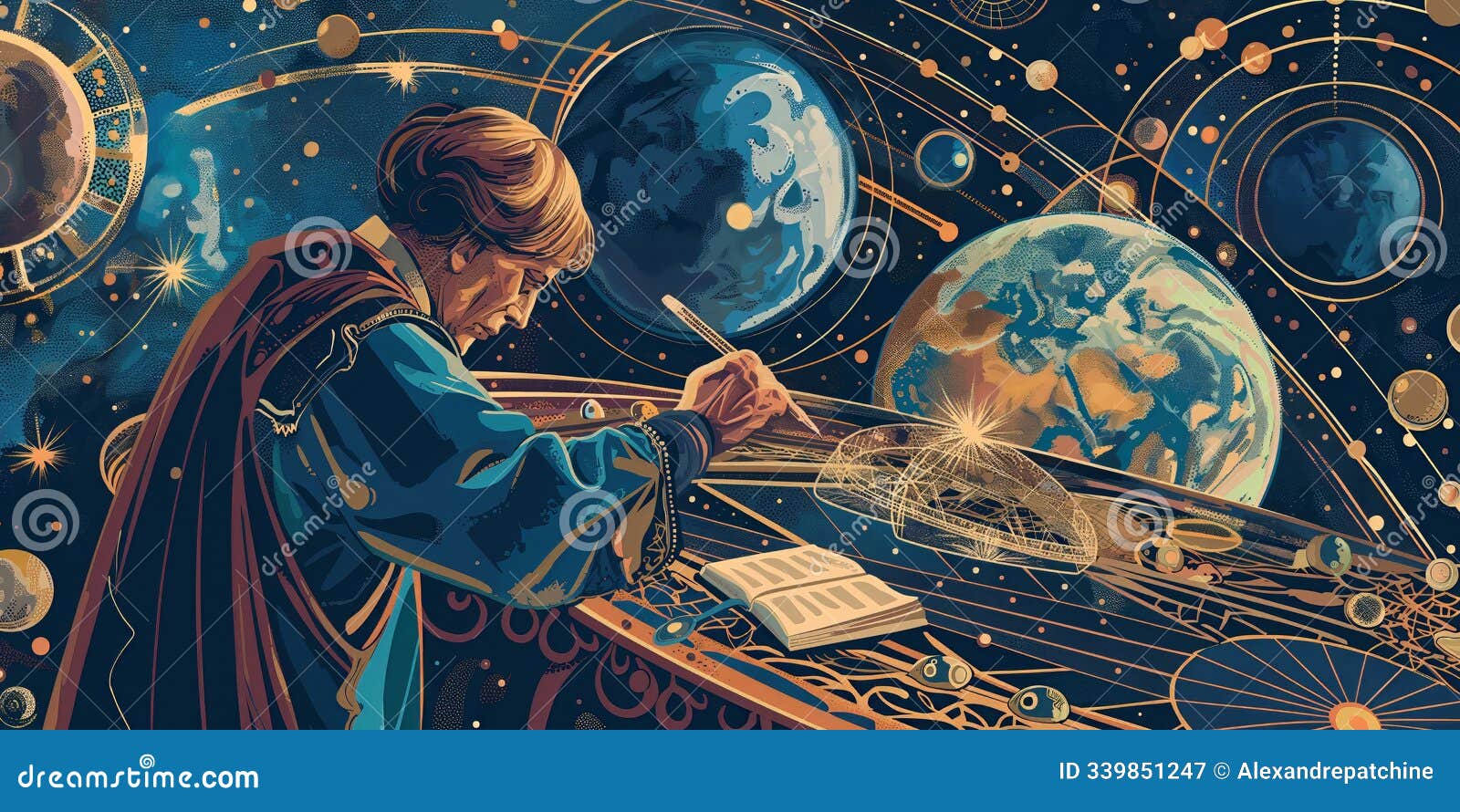 Illustration of a Medieval Astronomer Deeply Focused on Celestial ...