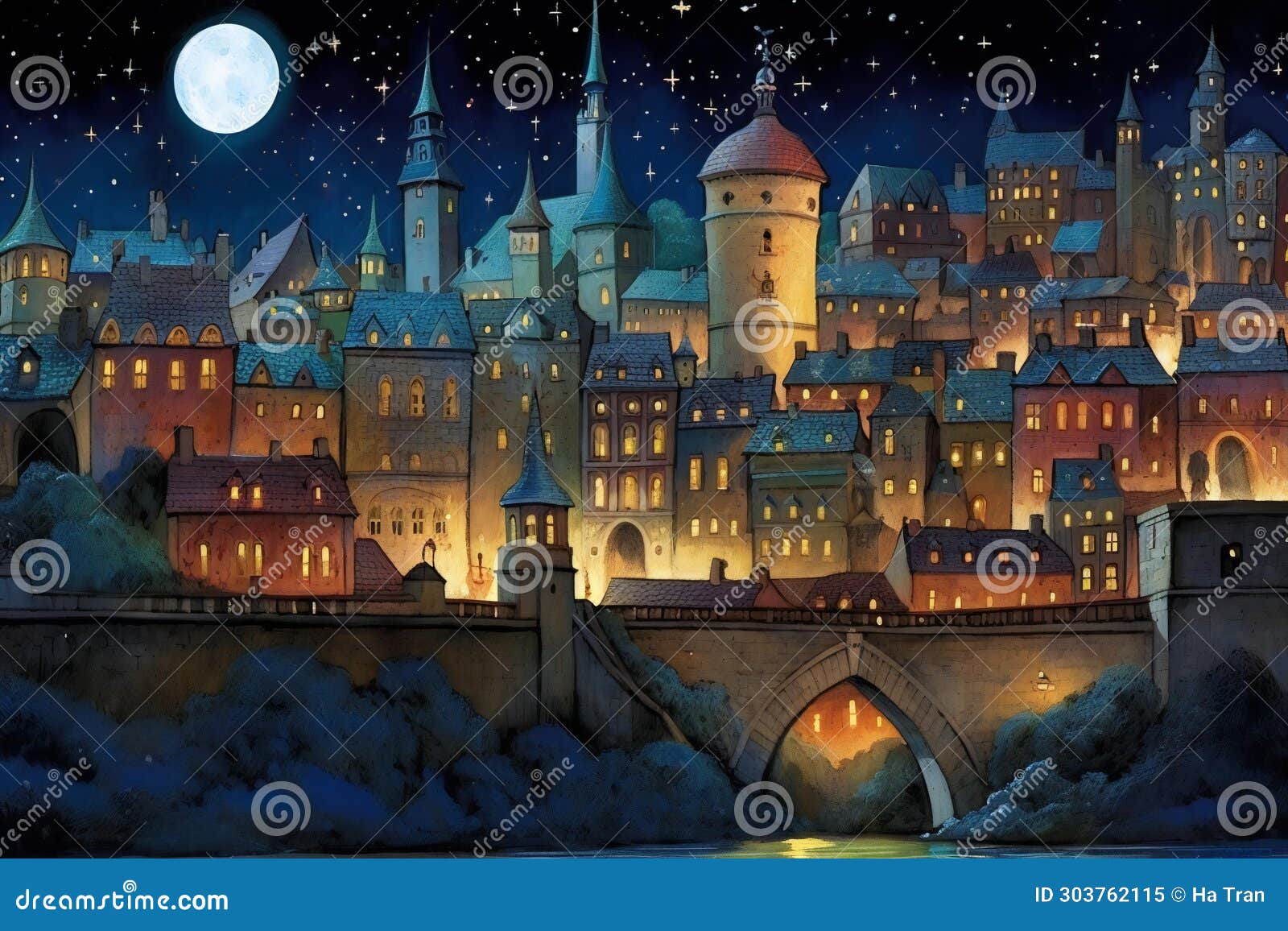 Illustration of the Medieval Castle on the Bank of the River at Night ...