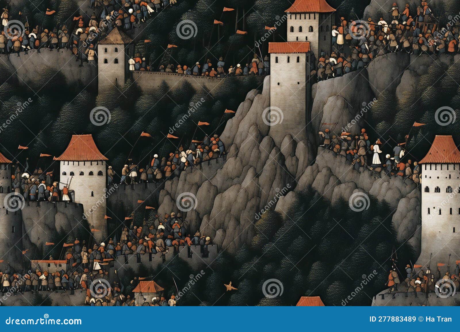 Illustration of a Medieval Castle with a Crowd of People Around Stock ...