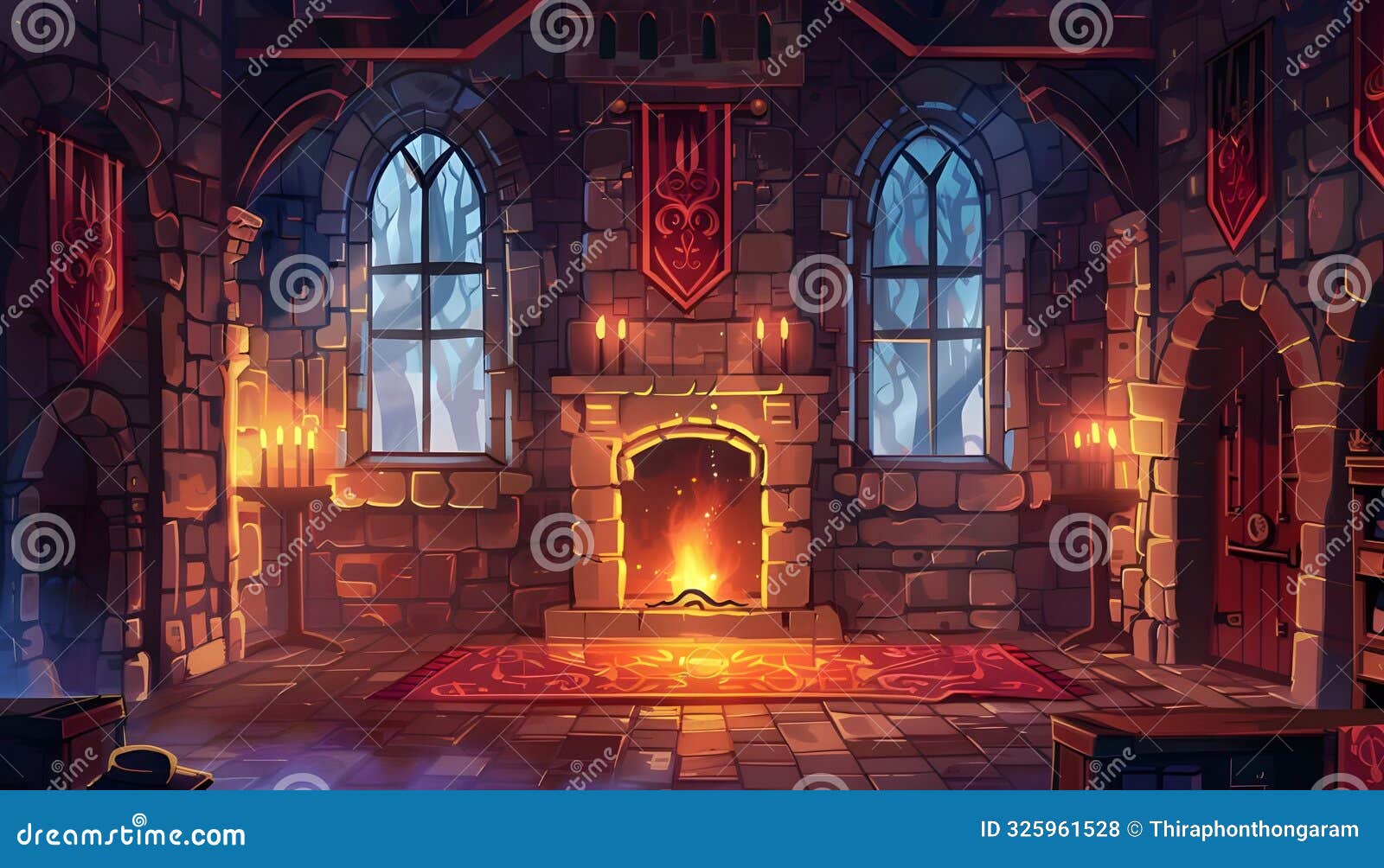 Medieval castle hall stock illustration. Illustration of room - 325961528