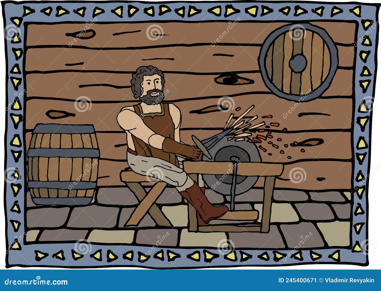 Illustration of Medieval Weapon Sharpening in a Stylized Frame ...