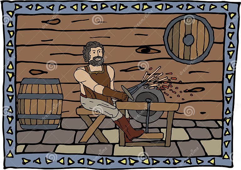 Illustration of Medieval Weapon Sharpening in a Stylized Frame ...