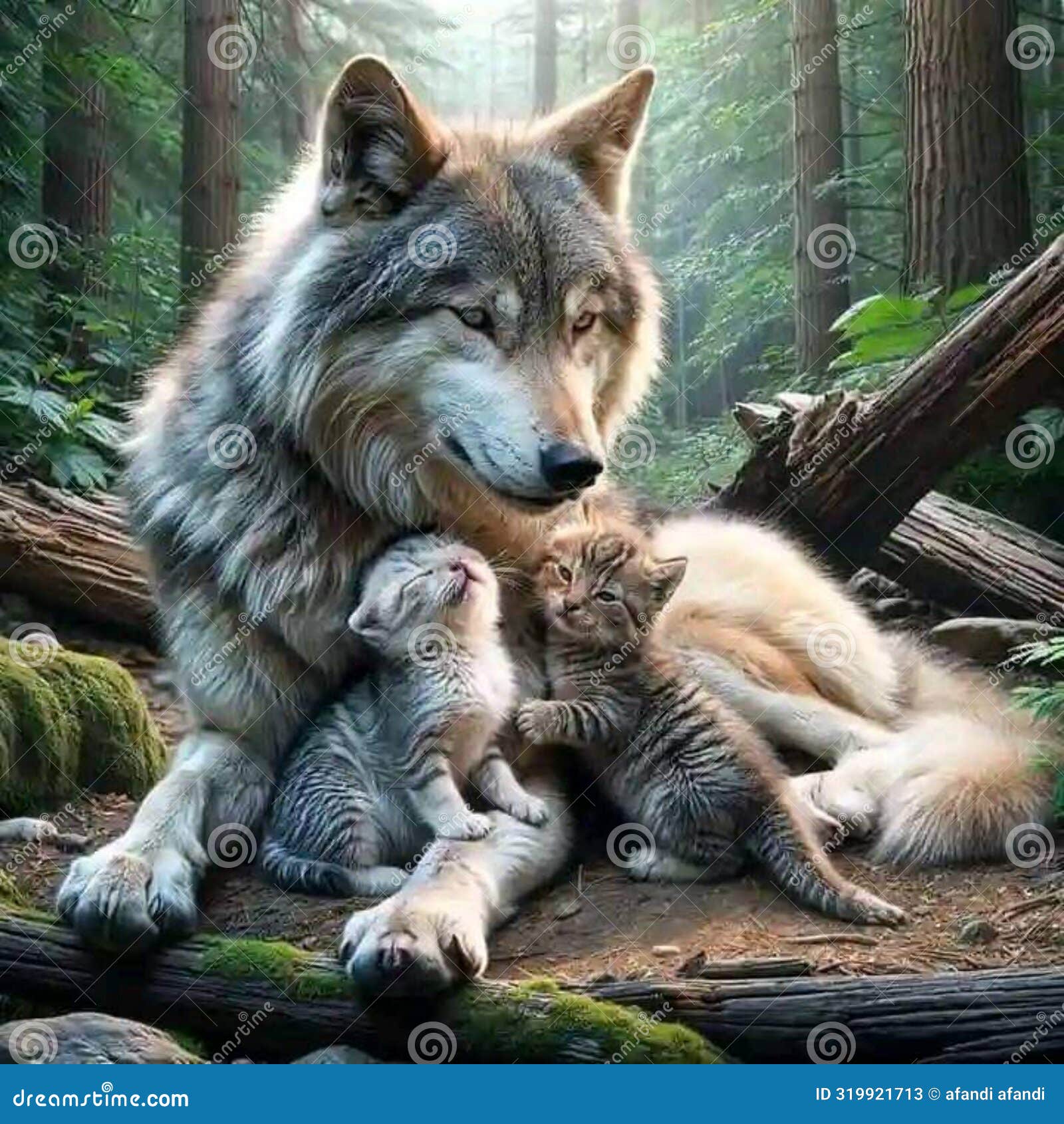 An Illustration In The Middle Of A Forest With A Wolf And Two Kittens ...