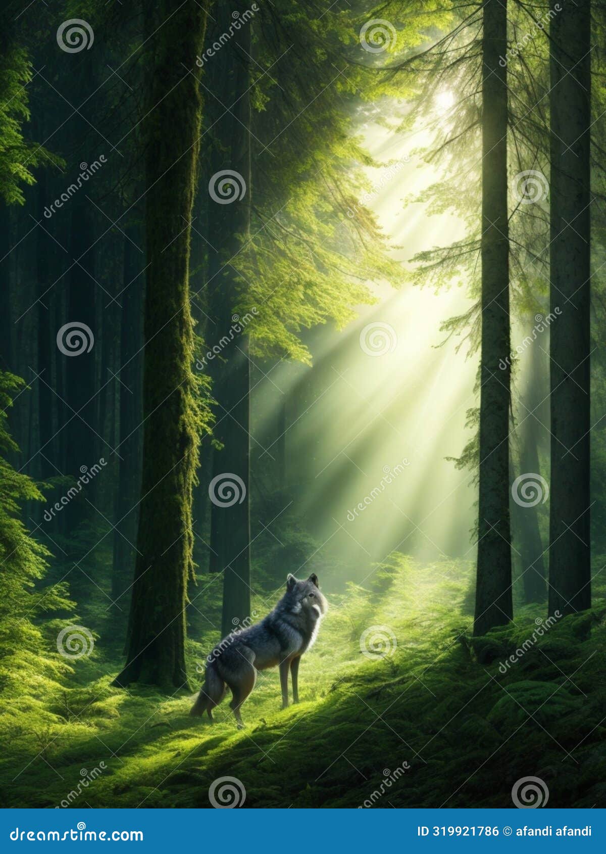 An Illustration in the Middle of a Forest with a Wolf Under a Very ...