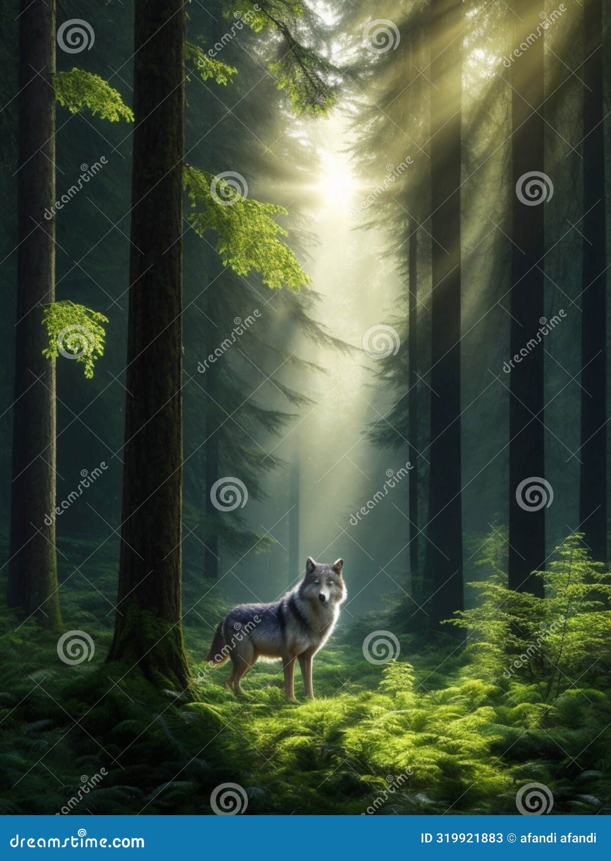 An Illustration in the Middle of a Forest with a Wolf Under a Very ...