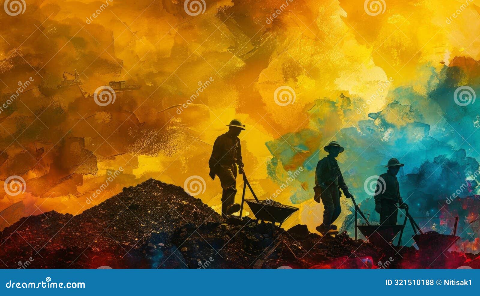 3 Illustration of Miners Transporting Gold with a Colorful Backdrop ...
