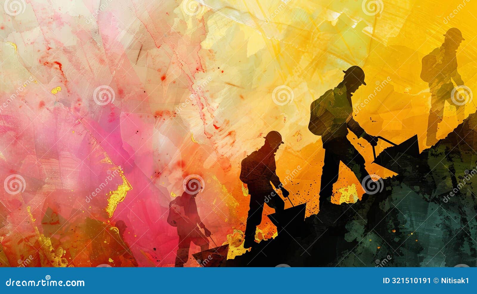 3 Illustration of Miners Transporting Gold with a Colorful Backdrop ...